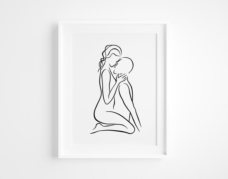 Couple Line Art Abstract Hugging Drawing Minimalist Love Etsy