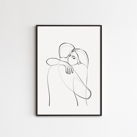Couple Hug Print One Line Art Romantic Relationship Wall Etsy