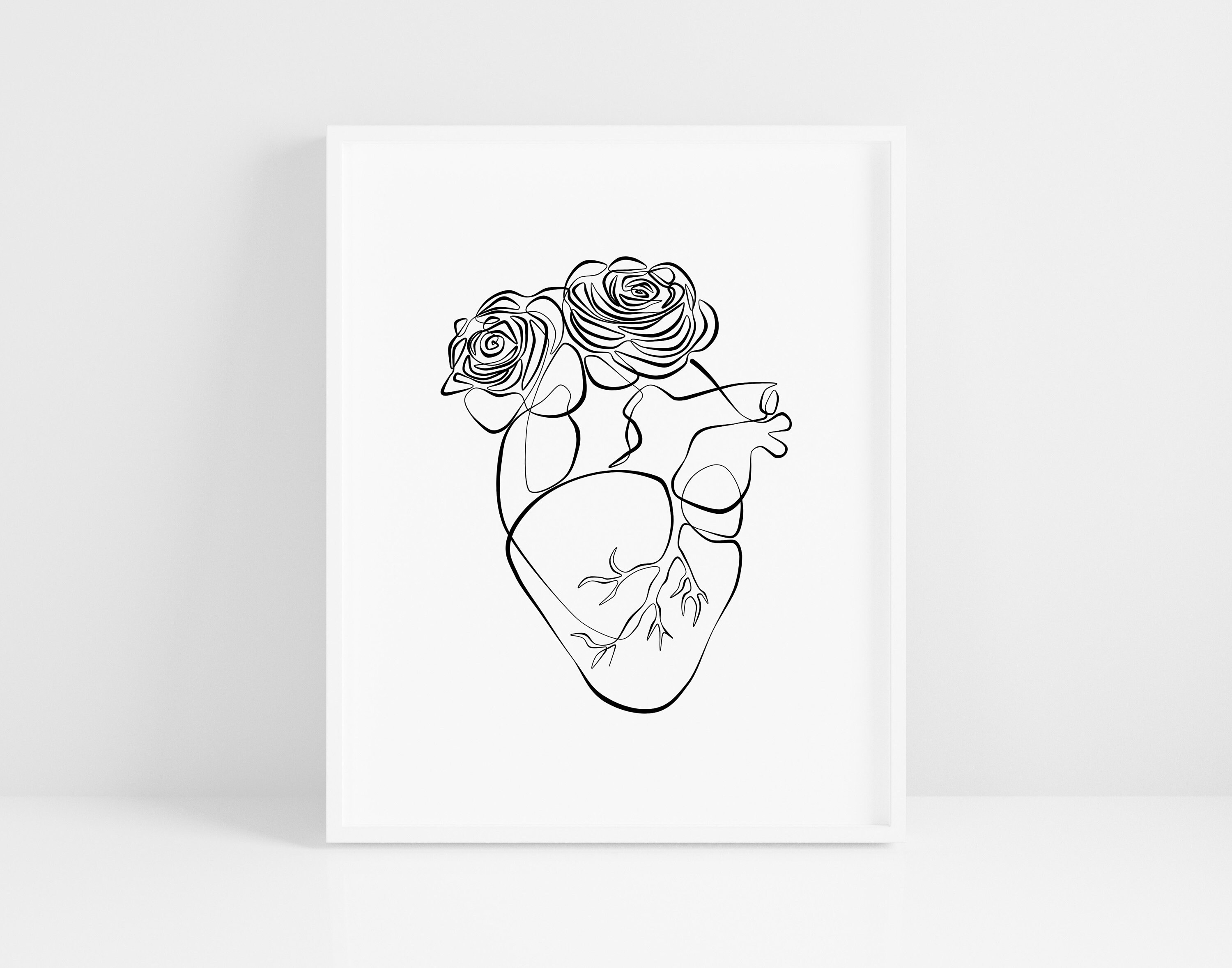 Flower Heart Line Art Anatomical Heart Print Human Heart | Etsy