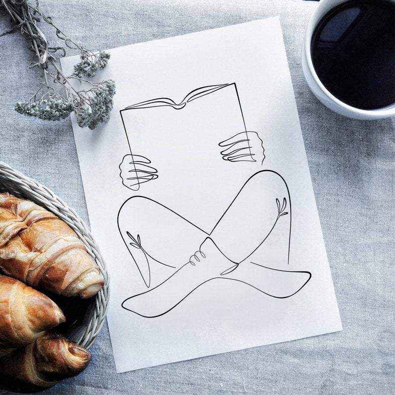 Reading Line Art Girl Reading Book Print Woman and Book Line - Etsy