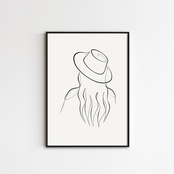 Woman Back Line Art Boho Female Drawing Minimal Girl in Hat | Etsy