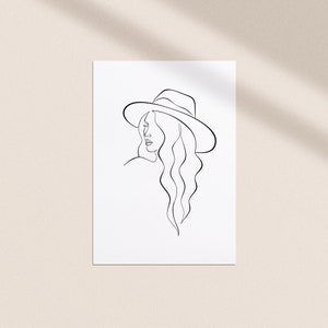 Woman in Cowboy Hat Line Art, Bohemian Woman Line Drawing, Female ...