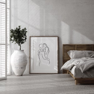 Abstract Kiss Line Art, Couple Hug Wall Print, Kissing Line Drawing ...