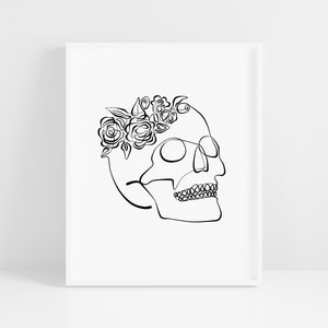 Flower Skull Line Art, Anatomical Skull Print, One Line Drawing, Human ...