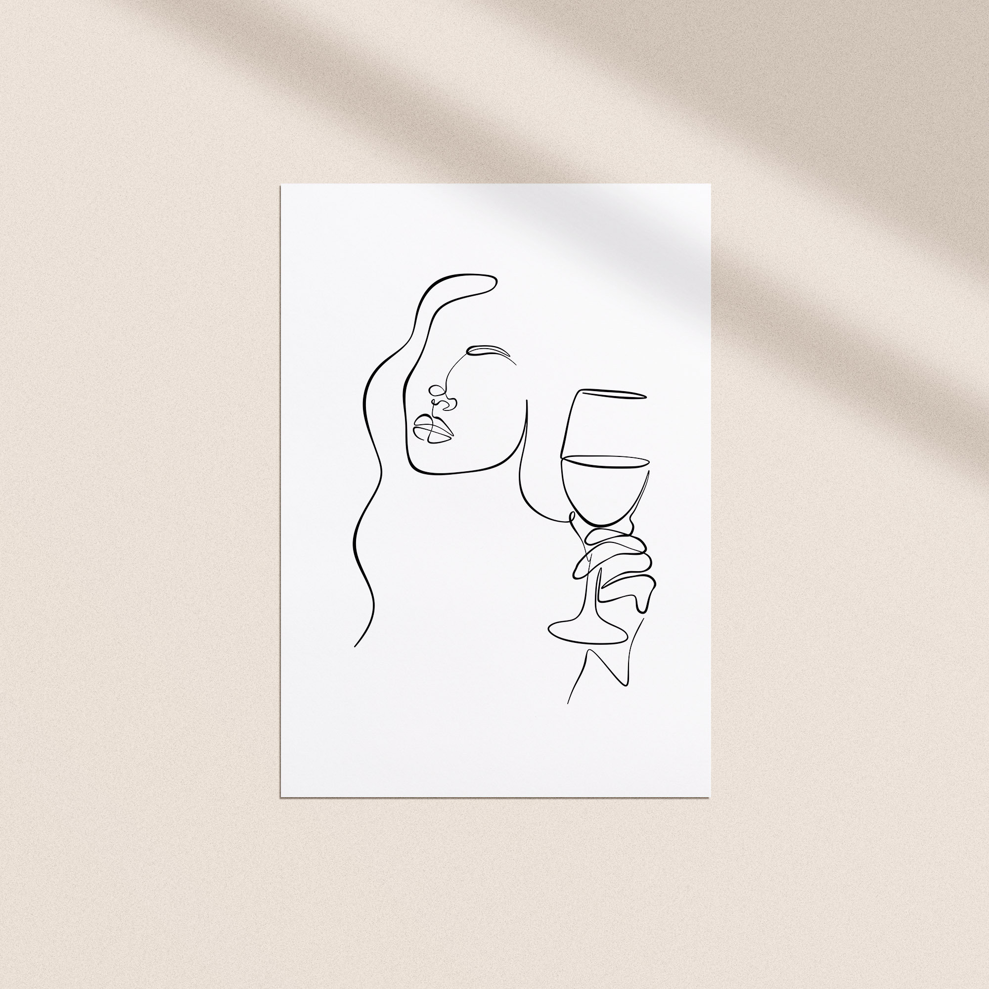 Woman and Glass Line Art, Abstract Face Print, Cocktail Line Drawing ...