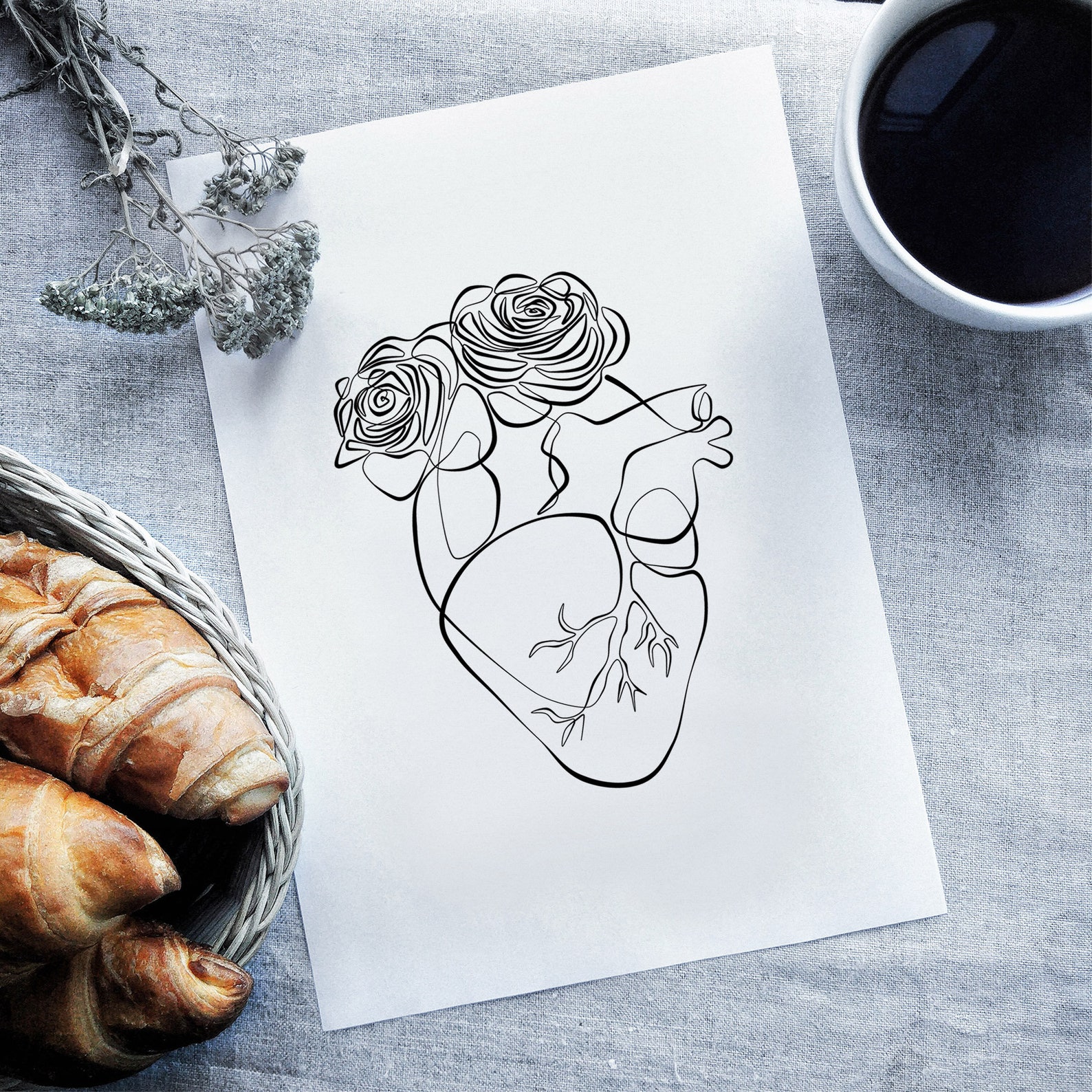 Flower Heart Line Art, Anatomical Heart Print, Human Heart Poster ...