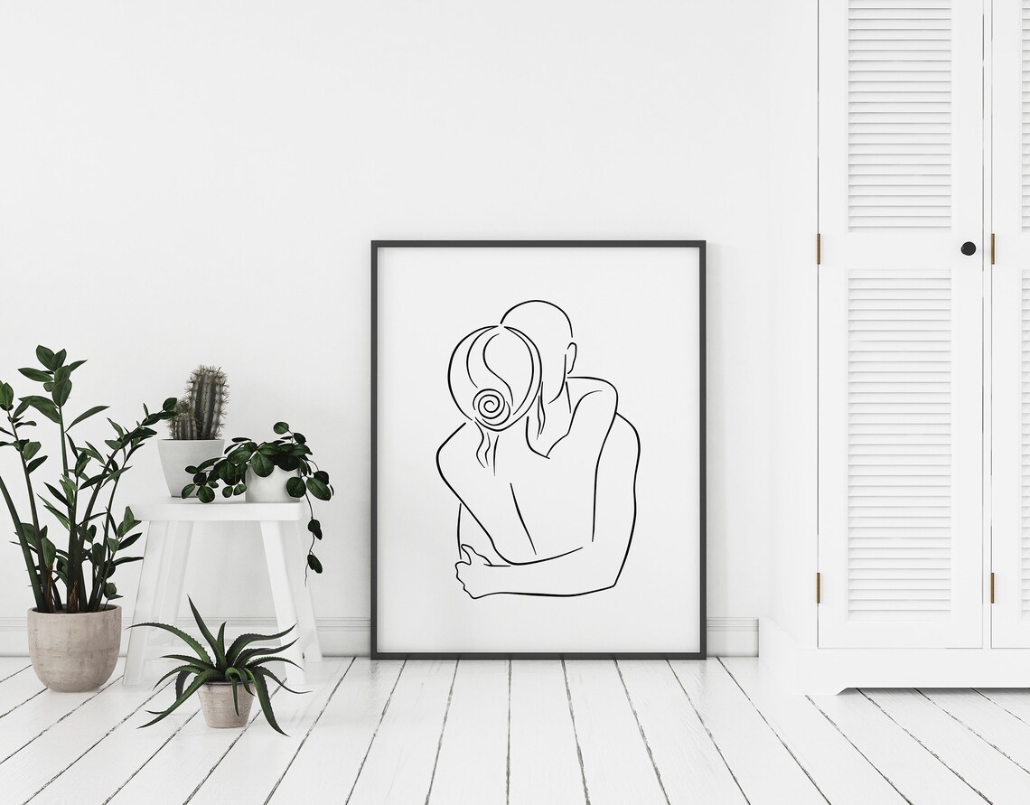 Couple Line Art Kissing Couple Print Minimalist Love Art Etsy