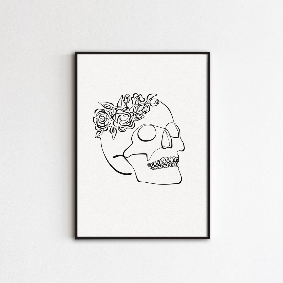Flower Skull Line Art, Anatomical Skull Print, One Line Drawing, Human ...