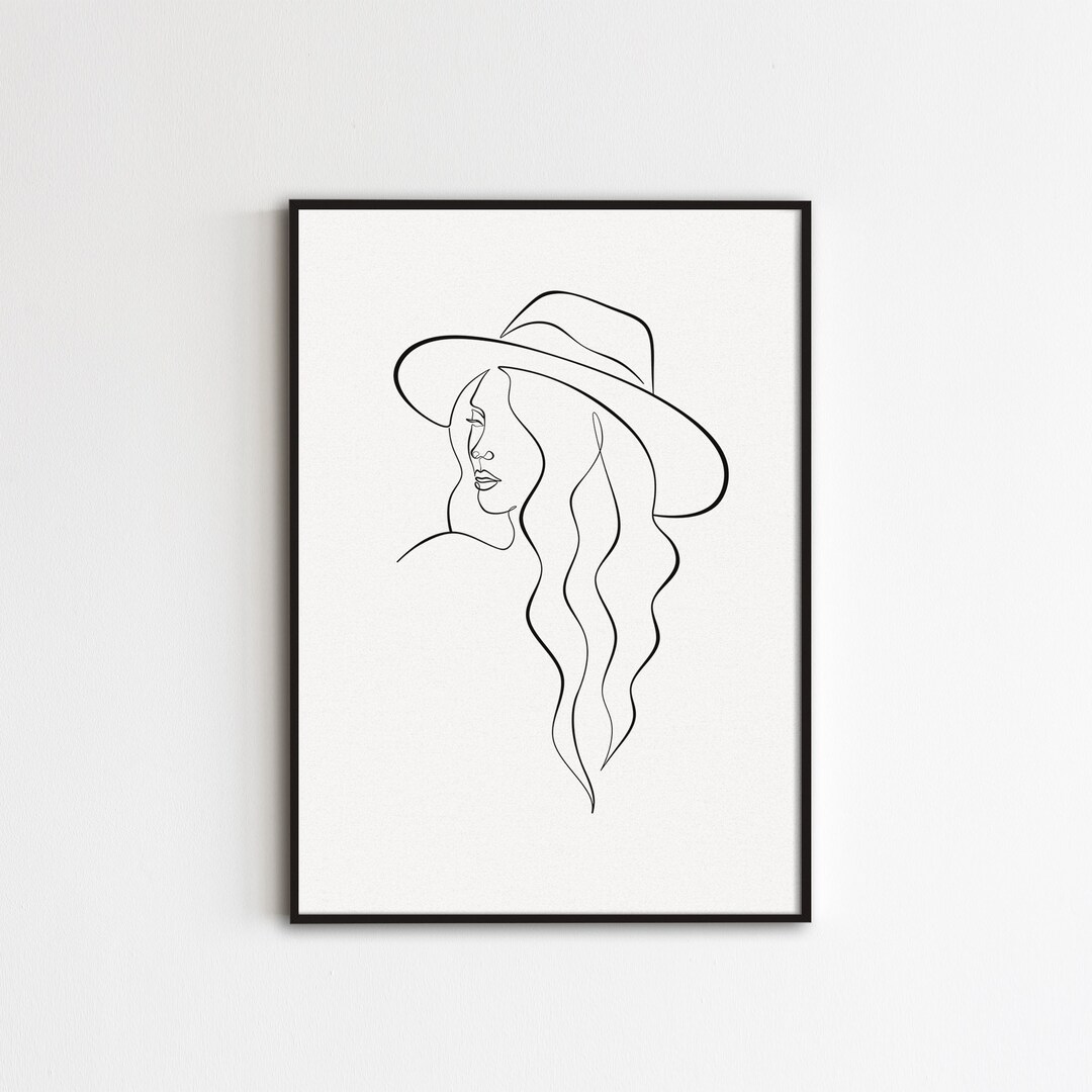 Woman in Cowboy Hat Line Art, Bohemian Woman Line Drawing, Female ...