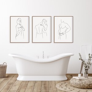 Bathroom Line Art Set of 3, Woman in Towel Print, Hugging Couple Poster ...