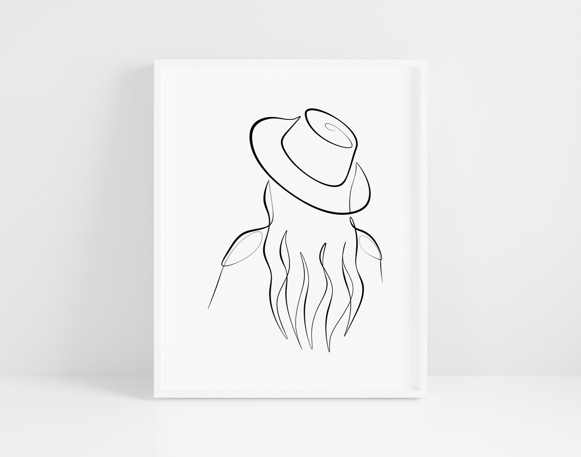 Woman Back Line Art Boho Female Drawing Minimal Girl in Hat | Etsy