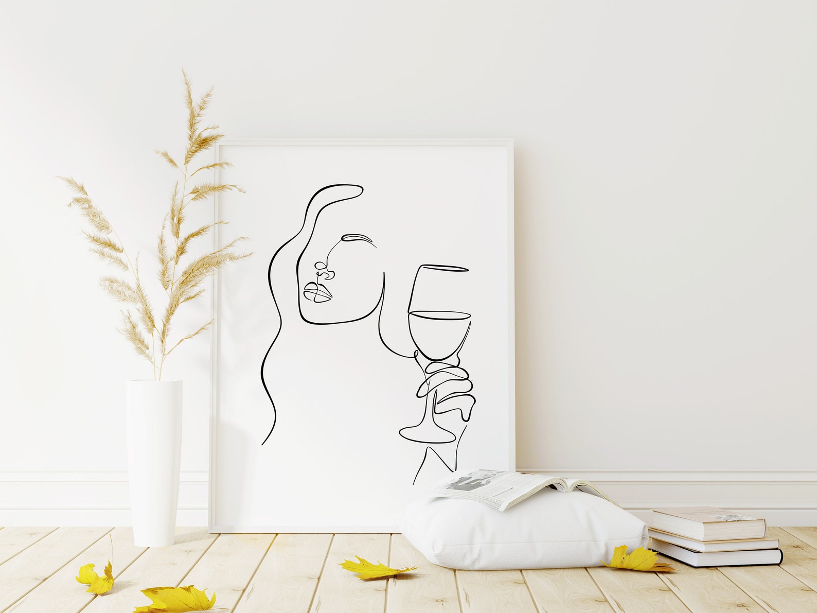 Woman and Glass Line Art, Abstract Face Print, Cocktail Line Drawing ...