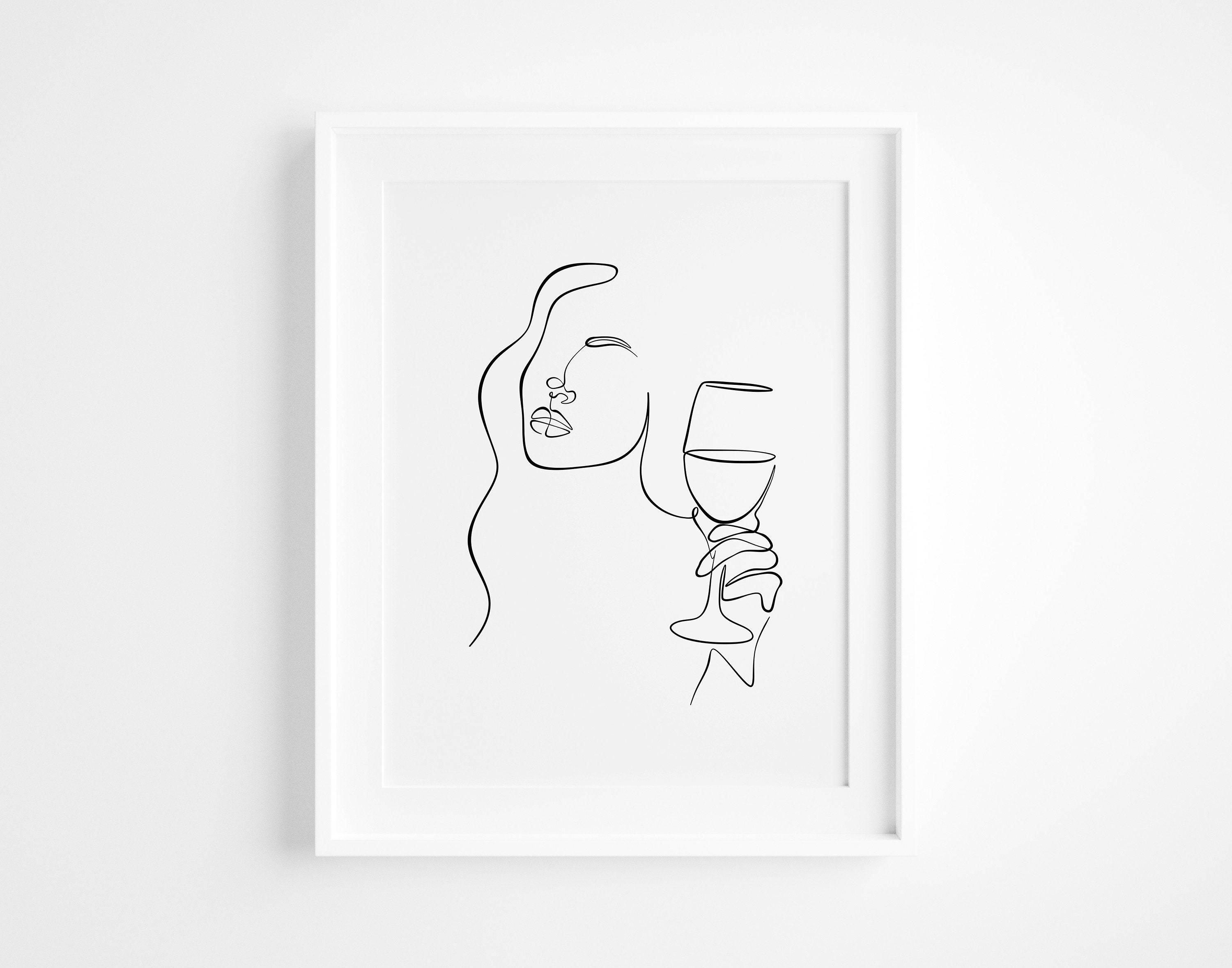 Woman And Glass Line Art Abstract Face Print Cocktail Line | Etsy