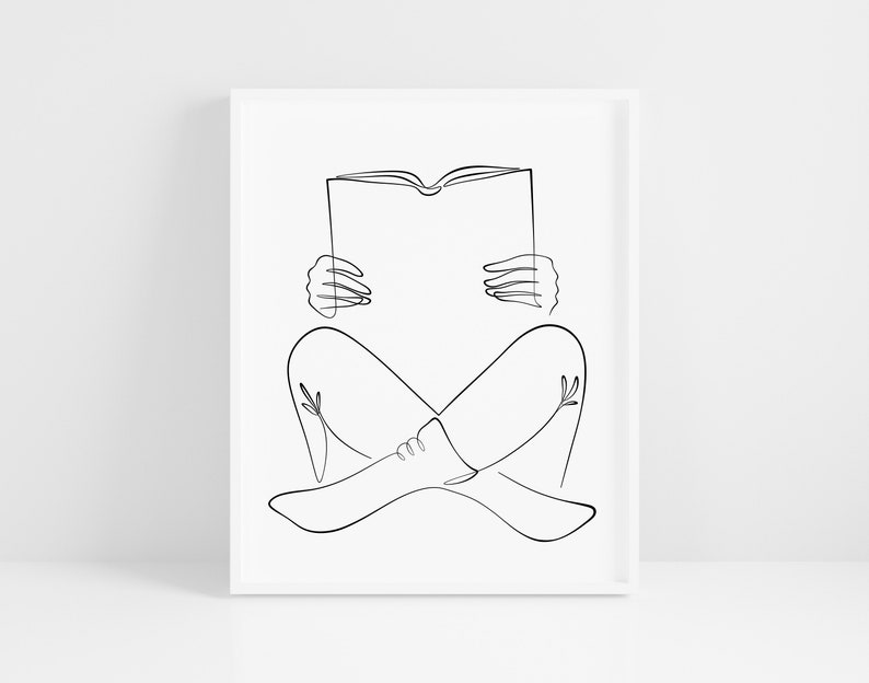 Reading Line Art Girl Reading Book Print Woman and Book Line - Etsy