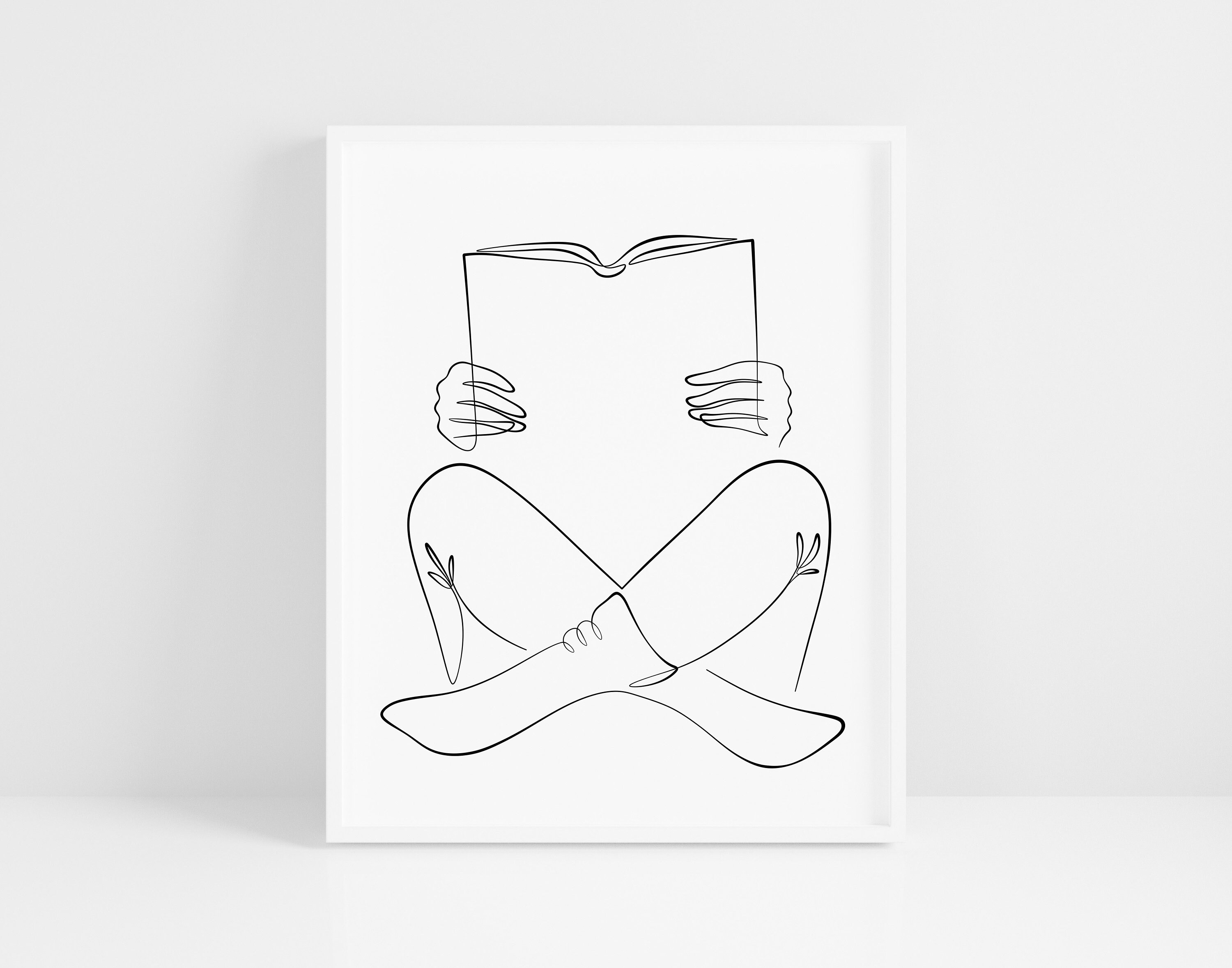 Reading Line Art Girl Reading Book Print Woman and Book Line - Etsy
