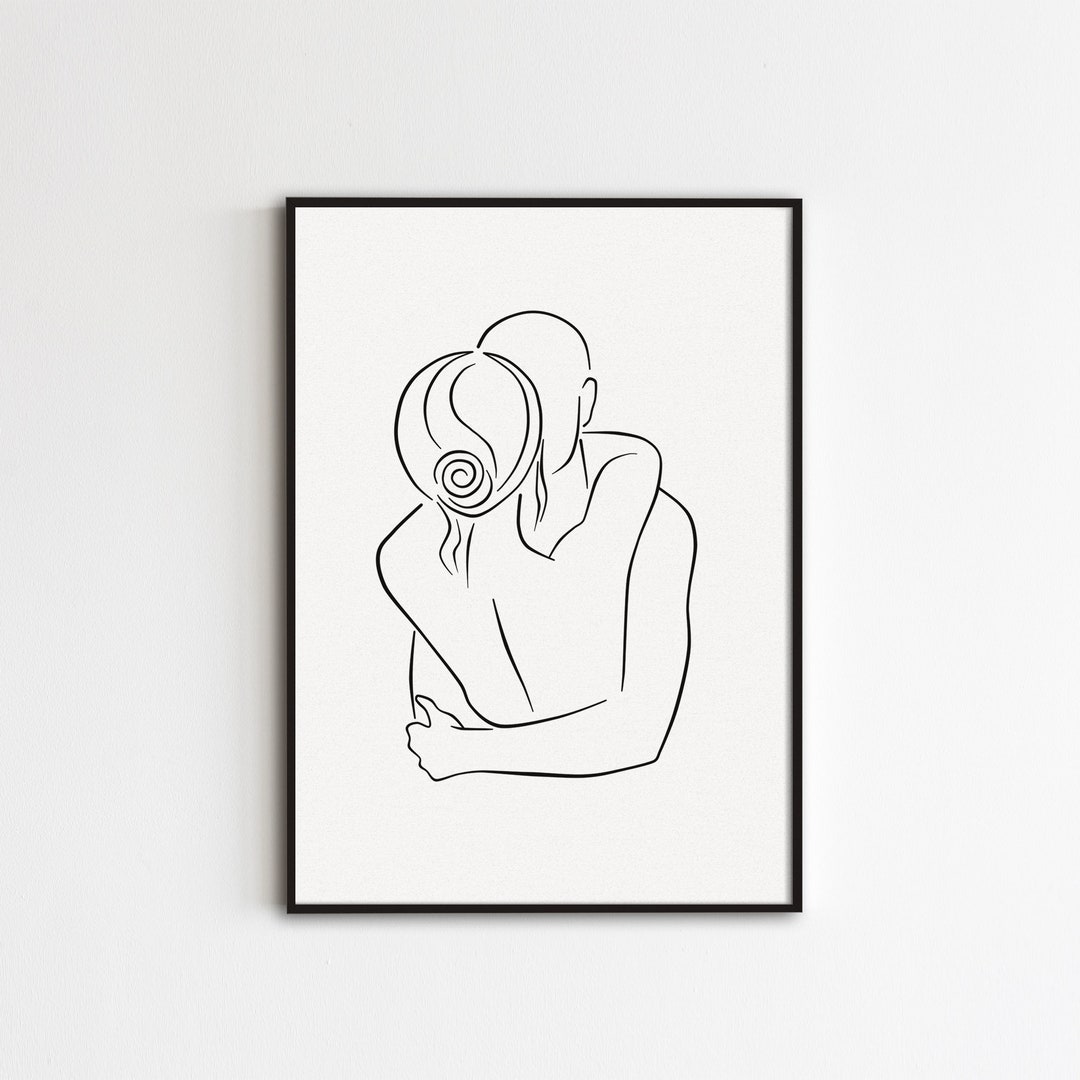 Couple Line Art Kissing Couple Print Minimalist Love Art Lovers Hug