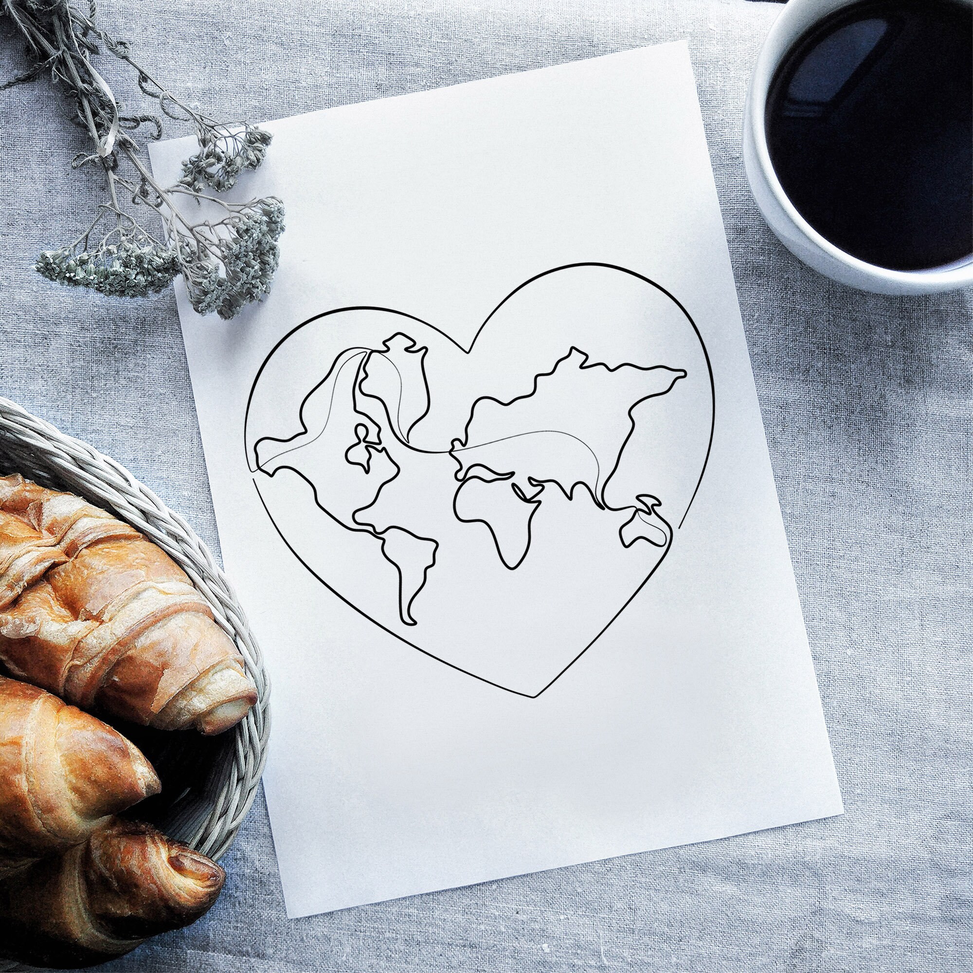 World Map Line Art Travel Line Drawing Wanderlust Print | Etsy