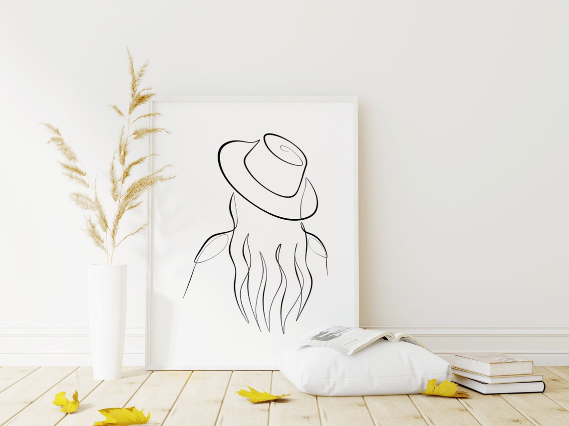 Woman Back Line Art Boho Female Drawing Minimal Girl in Hat | Etsy
