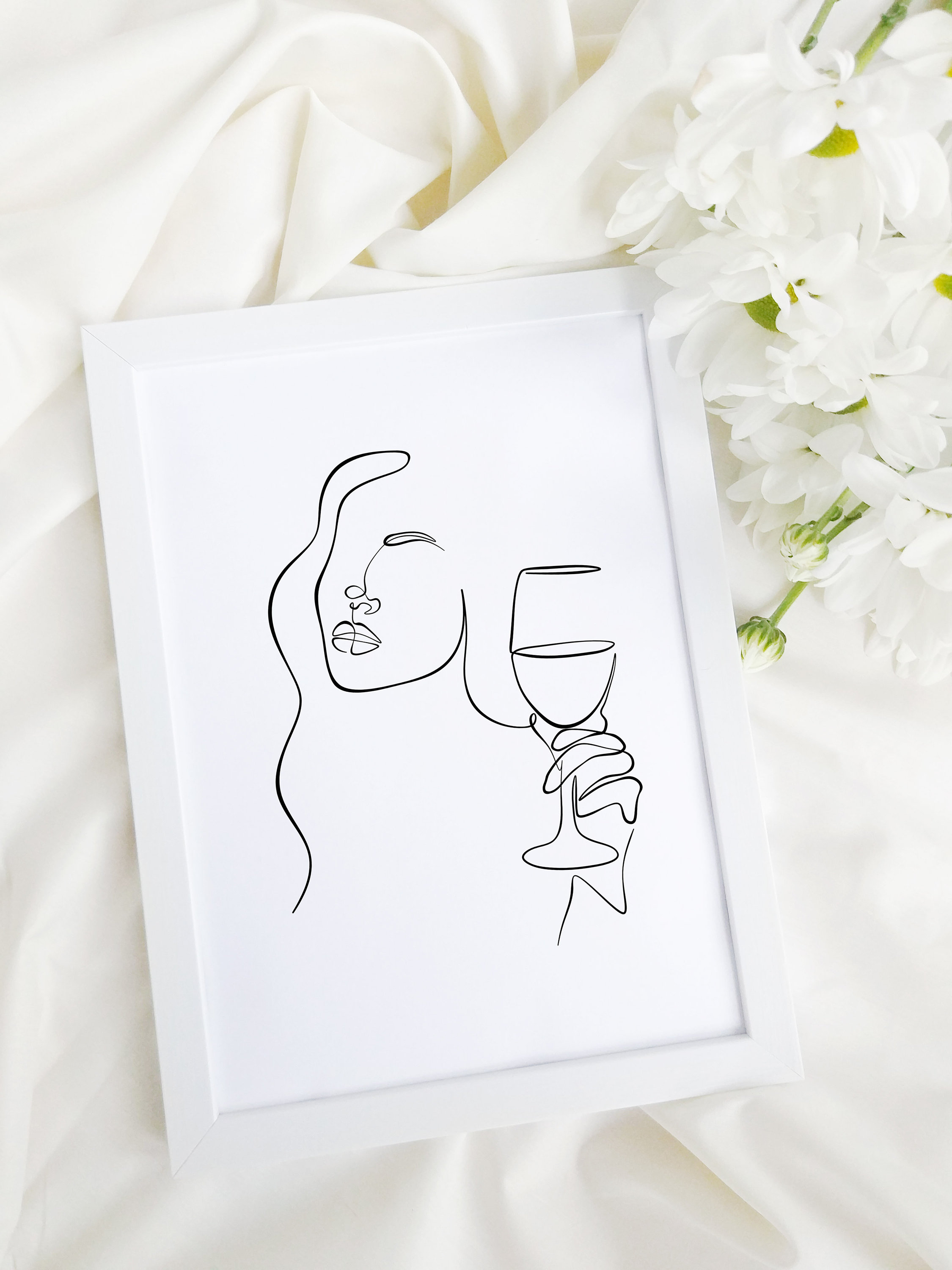 Woman and Glass Line Art, Abstract Face Print, Cocktail Line Drawing ...