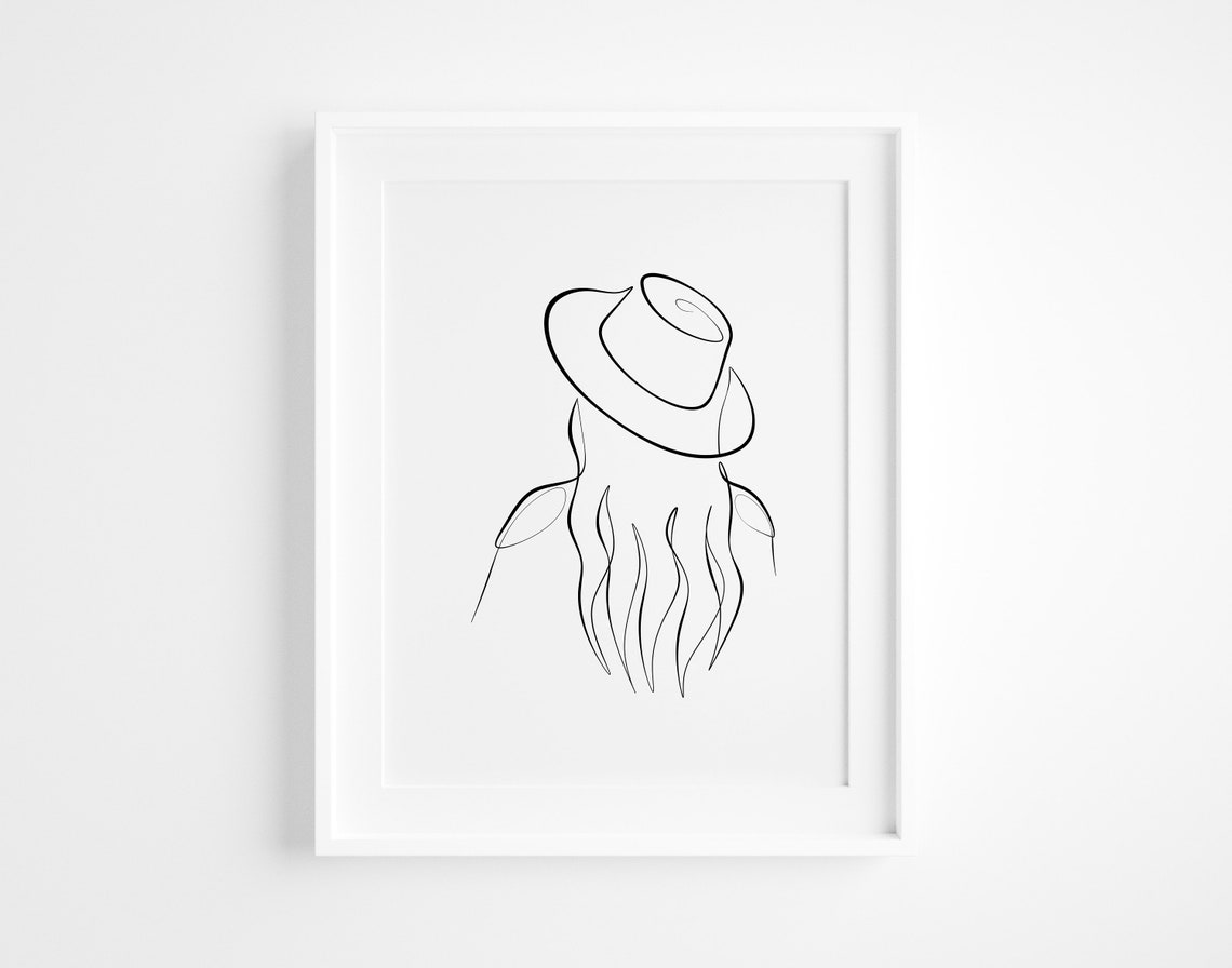 Woman Back Line Art Boho Female Drawing Minimal Girl in Hat | Etsy