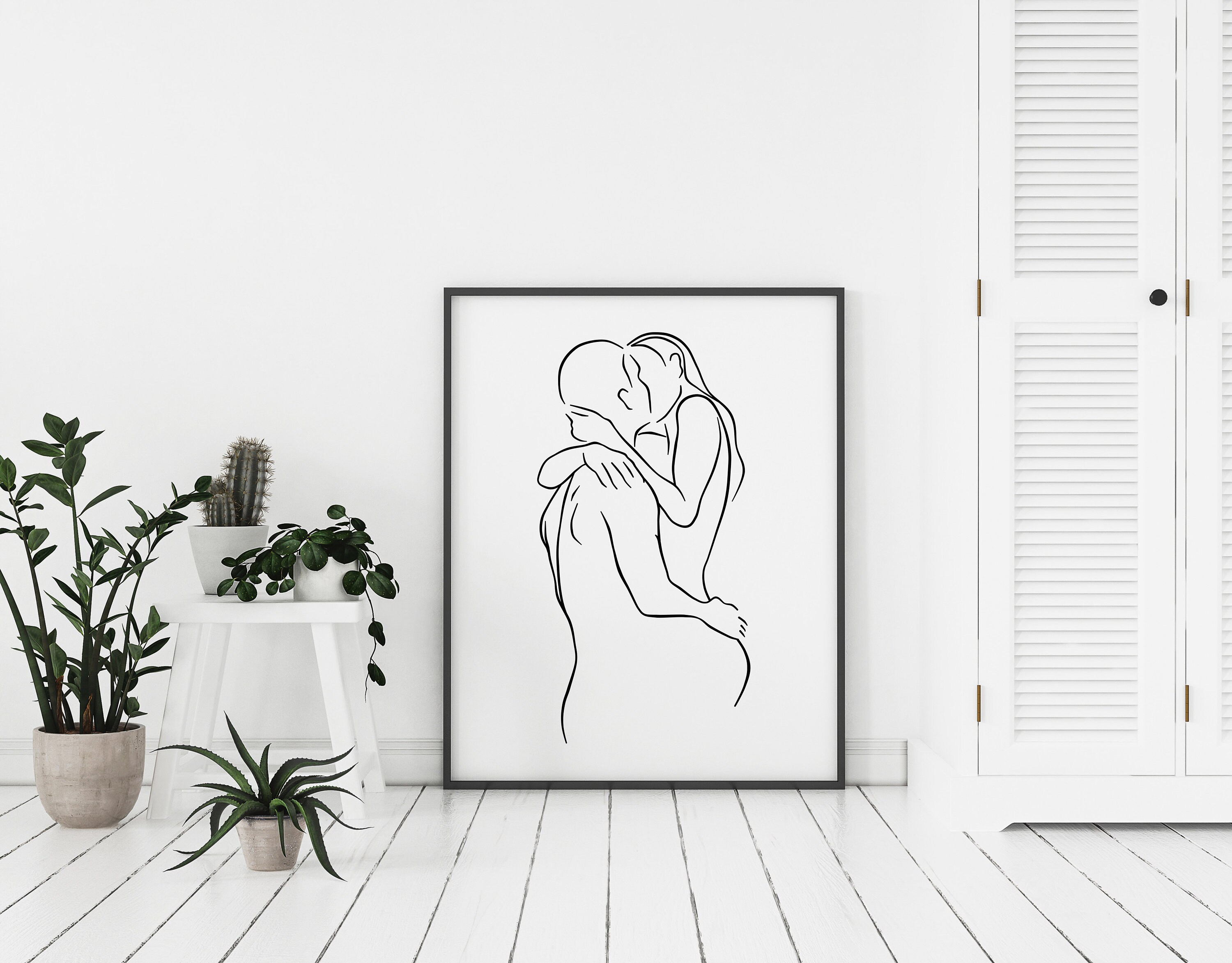 Abstract Kiss Line Art Couple Hug Wall Print Kissing Line Etsy