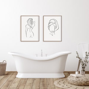 Bathroom Line Art Set of 2, Woman in Towel Art, Minimalist Bath Poster ...