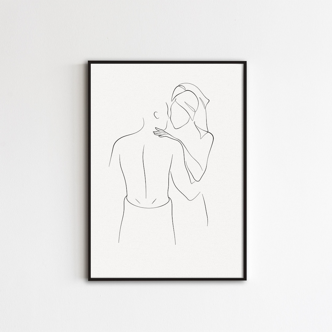 Couple in Bathroom Line Art, Man and Woman in Towel Print, Minimalist ...