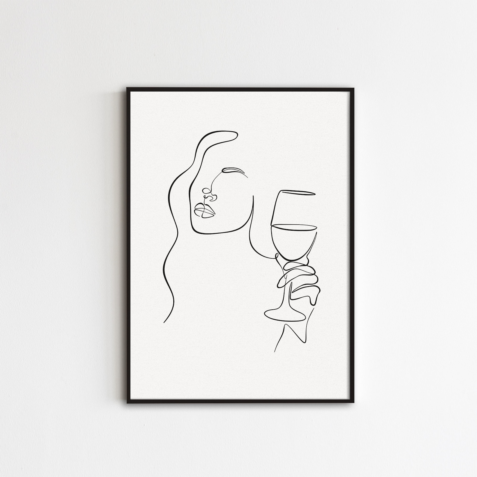 Woman and Glass Line Art, Abstract Face Print, Cocktail Line Drawing ...