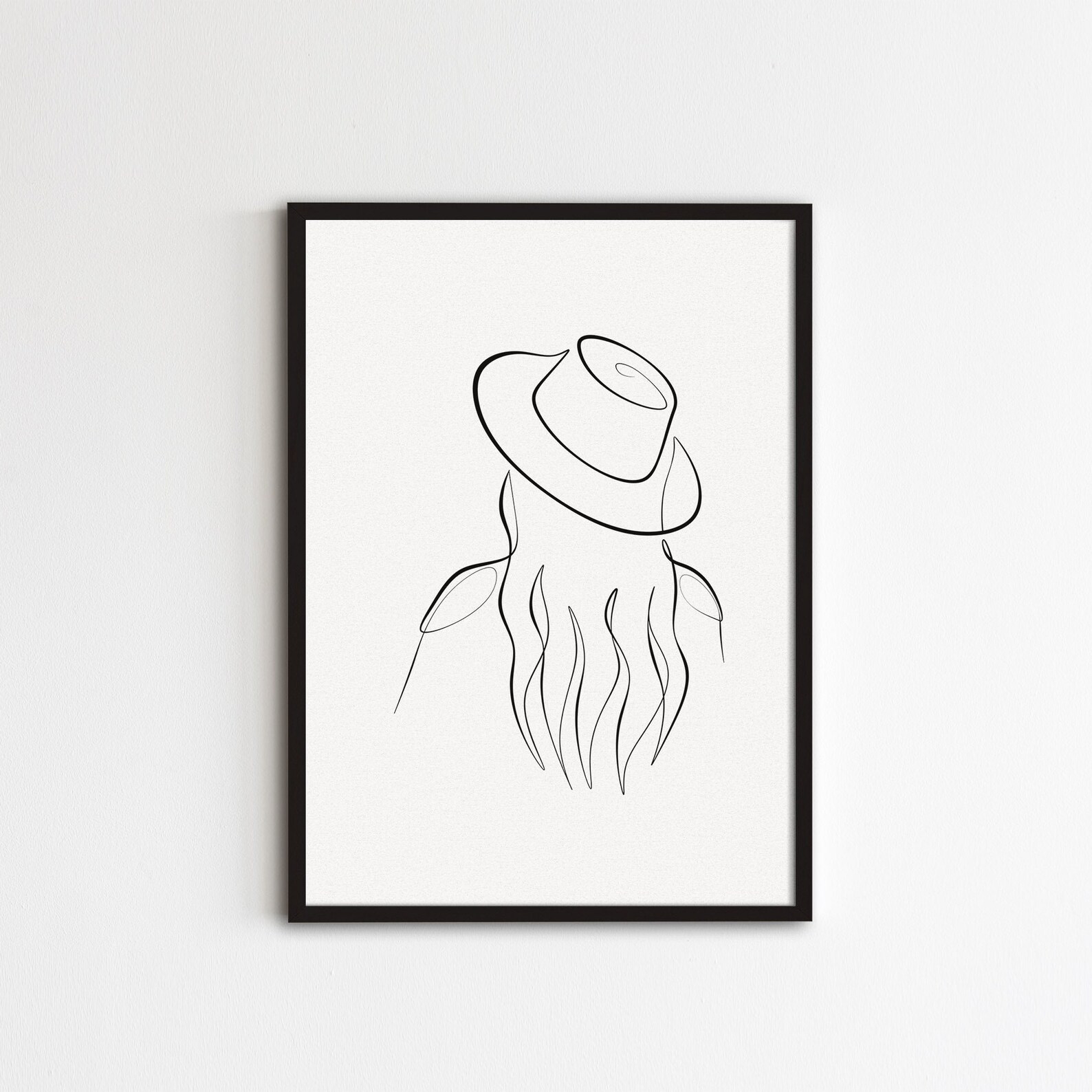 Woman Back Line Art Boho Female Drawing Minimal Girl in Hat | Etsy