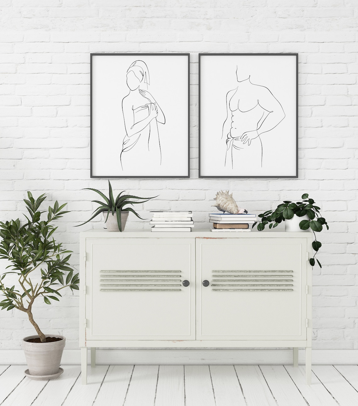 Bathroom Line Art Set of 2 Woman and Man in Towel Print Set - Etsy