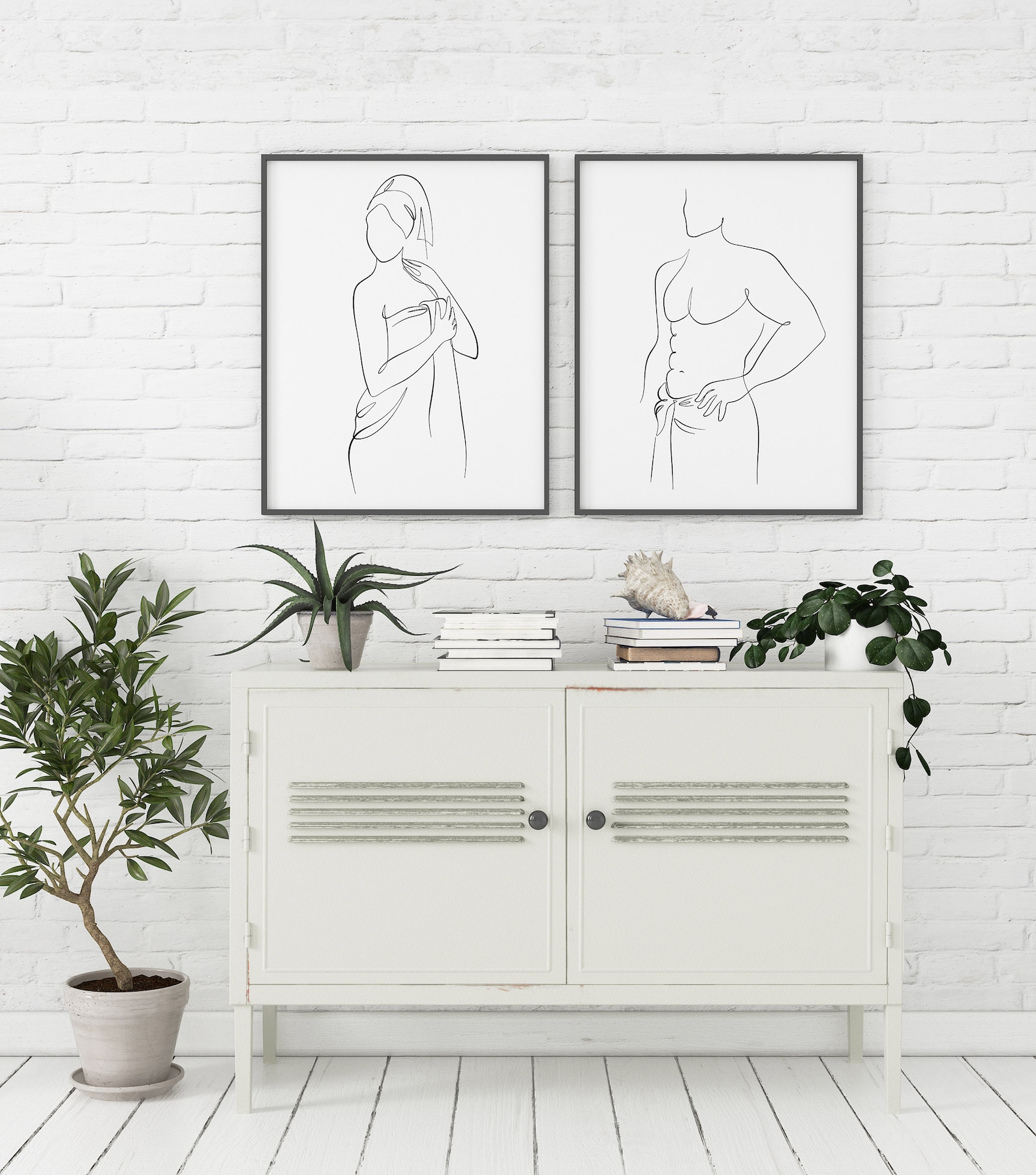 Bathroom Line Art Set of 2 Woman and Man in Towel Print Set - Etsy