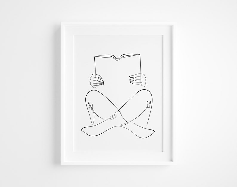 Reading Line Art Girl Reading Book Print Woman and Book Line - Etsy