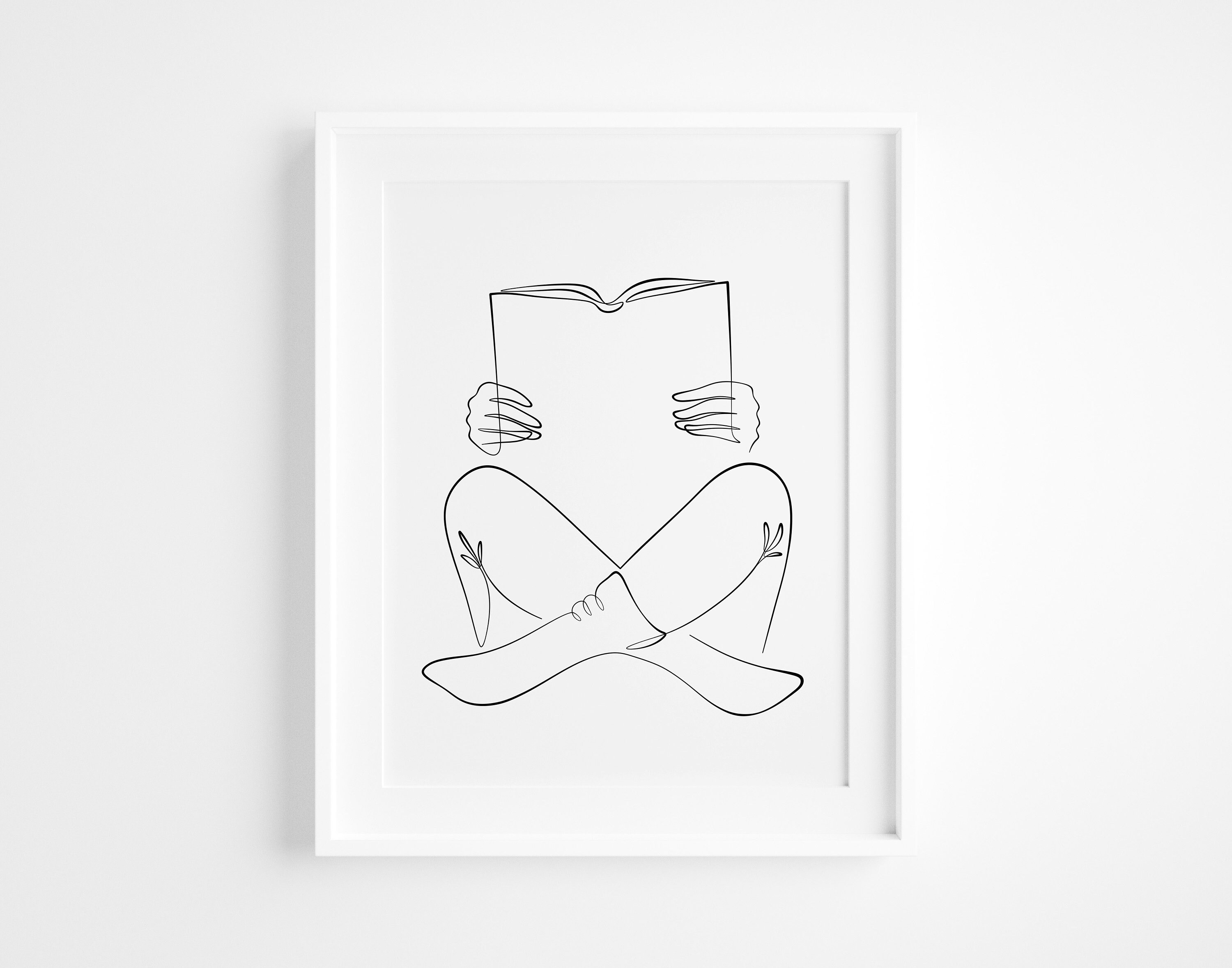 Reading Line Art Girl Reading Book Print Woman and Book Line - Etsy