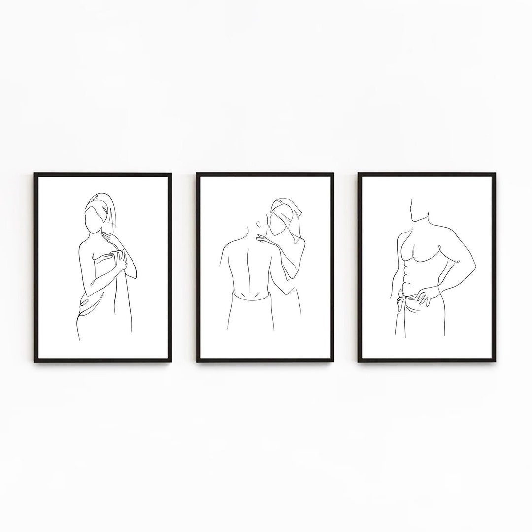 Bathroom Line Art Set of 3, Woman in Towel Print, Hugging Couple Poster ...