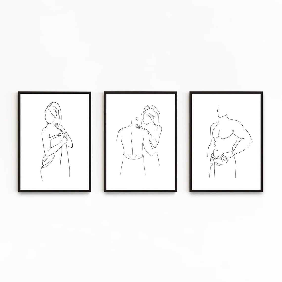 Bathroom Line Art Set of 3 Woman in Towel Print Hugging - Etsy