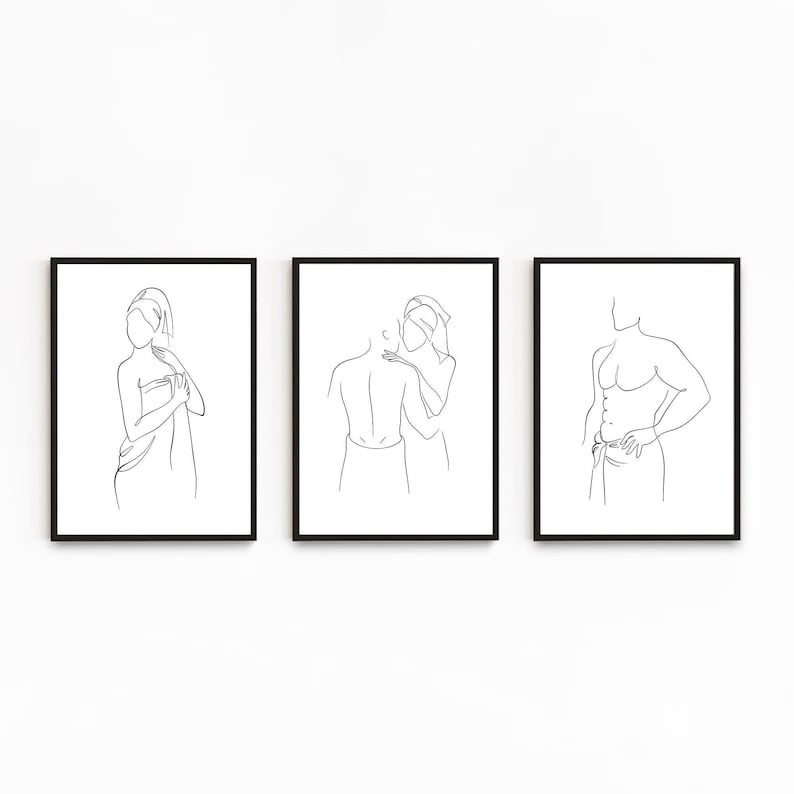 Bathroom Line Art Set of 3 Woman in Towel Print Hugging - Etsy
