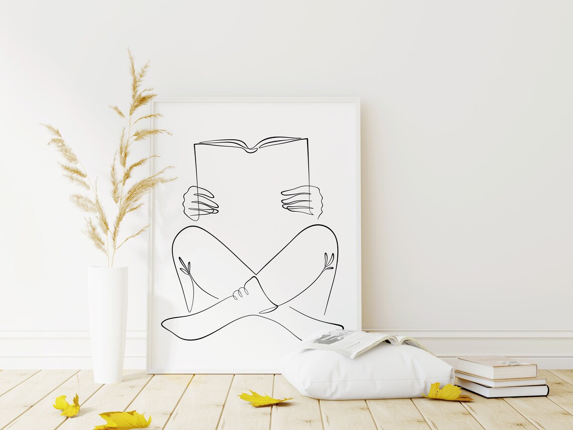 Reading Line Art Girl Reading Book Print Woman and Book Line - Etsy