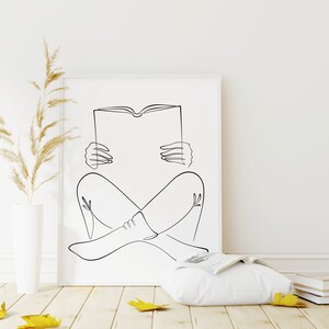 Reading Line Art, Girl Reading Book Print, Woman and Book Line Drawing ...