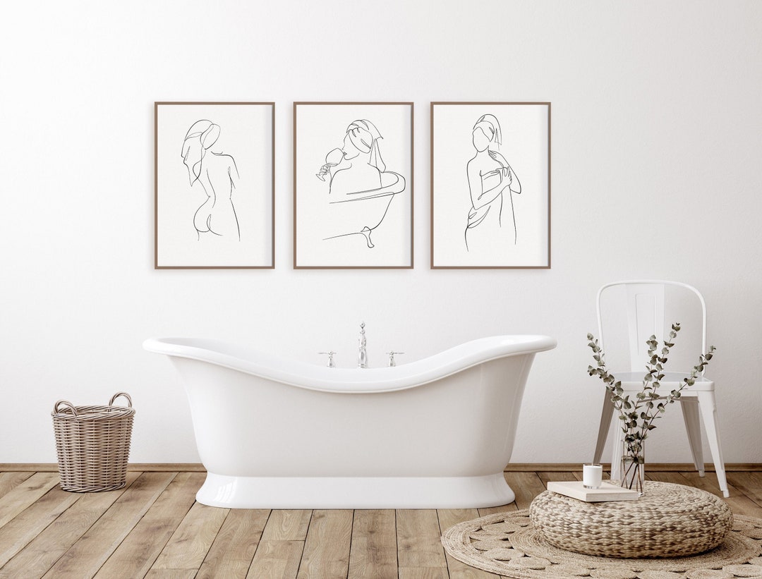 Woman in Bathroom Line Art Set of 3, Woman in Towel Wall Art Set of ...