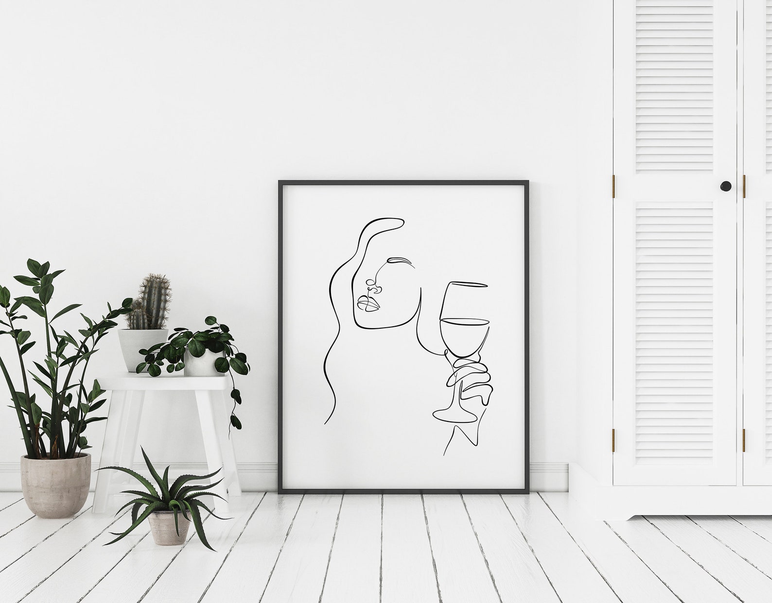 Woman and Glass Line Art, Abstract Face Print, Cocktail Line Drawing ...