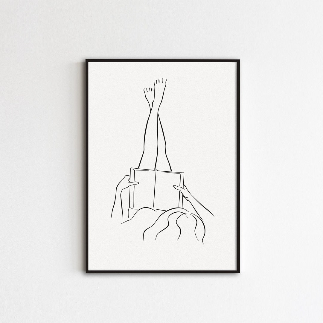 Woman Reading Book Line Art, Bookworm Poster, Book in Hands Print ...