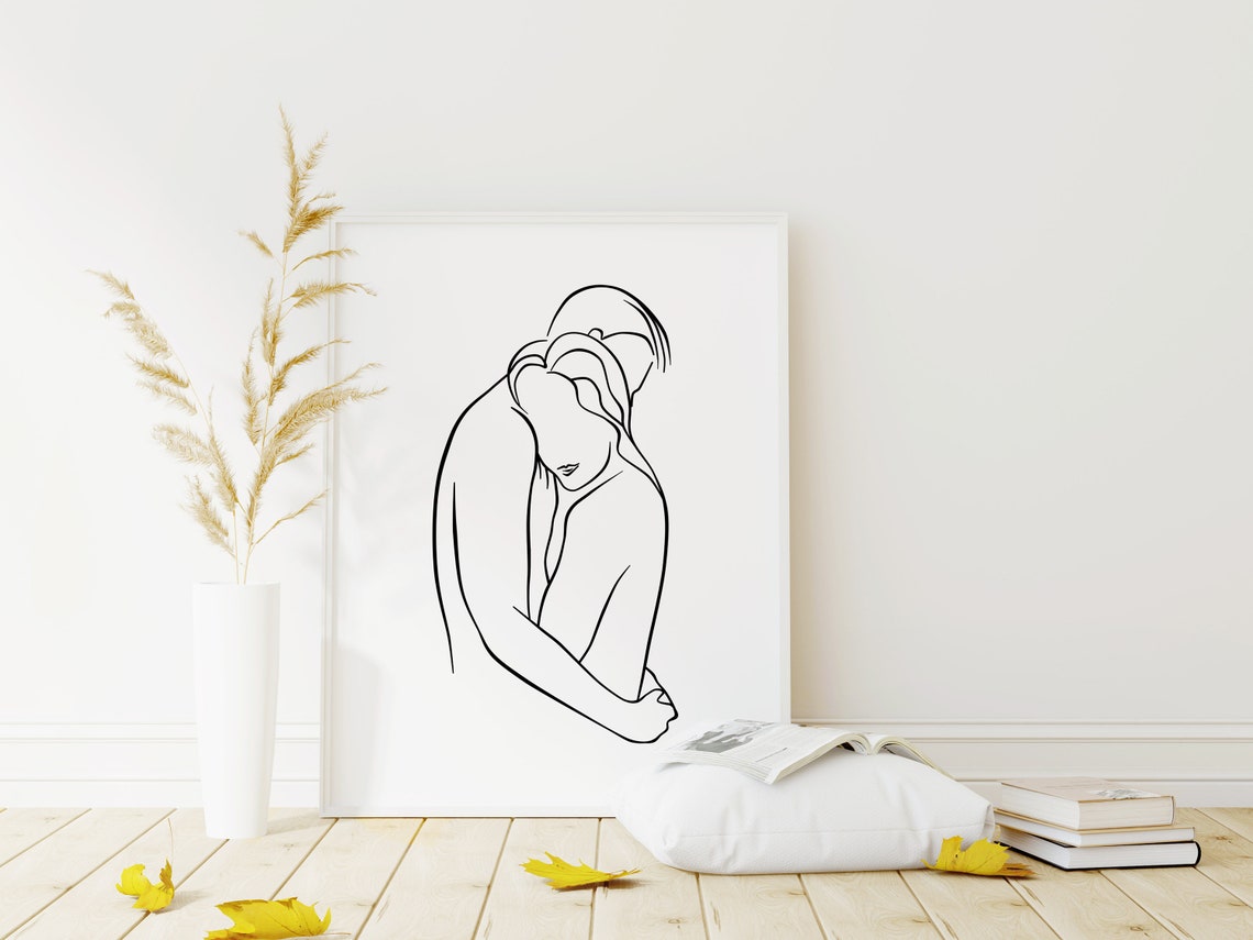 Couple Line Drawing Relationship Art Hug Art Embrace Print | Etsy