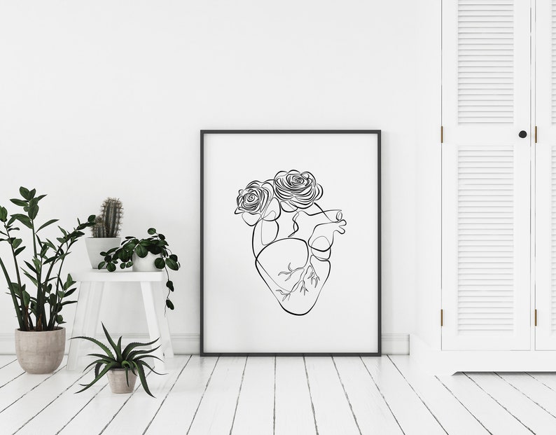 Flower Heart Line Art, Anatomical Heart Print, Human Heart Poster ...