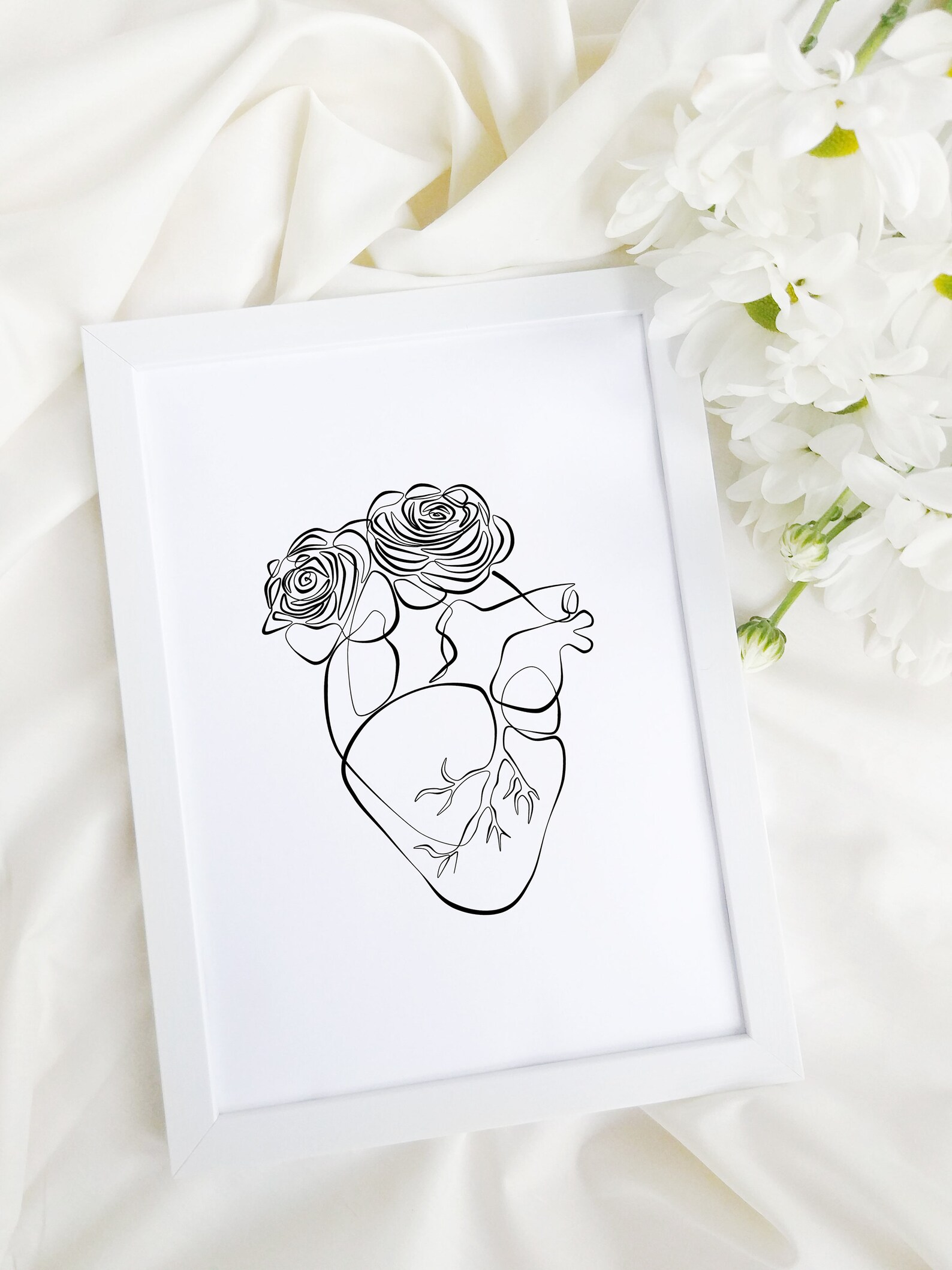 Flower Heart Line Art, Anatomical Heart Print, Human Heart Poster ...