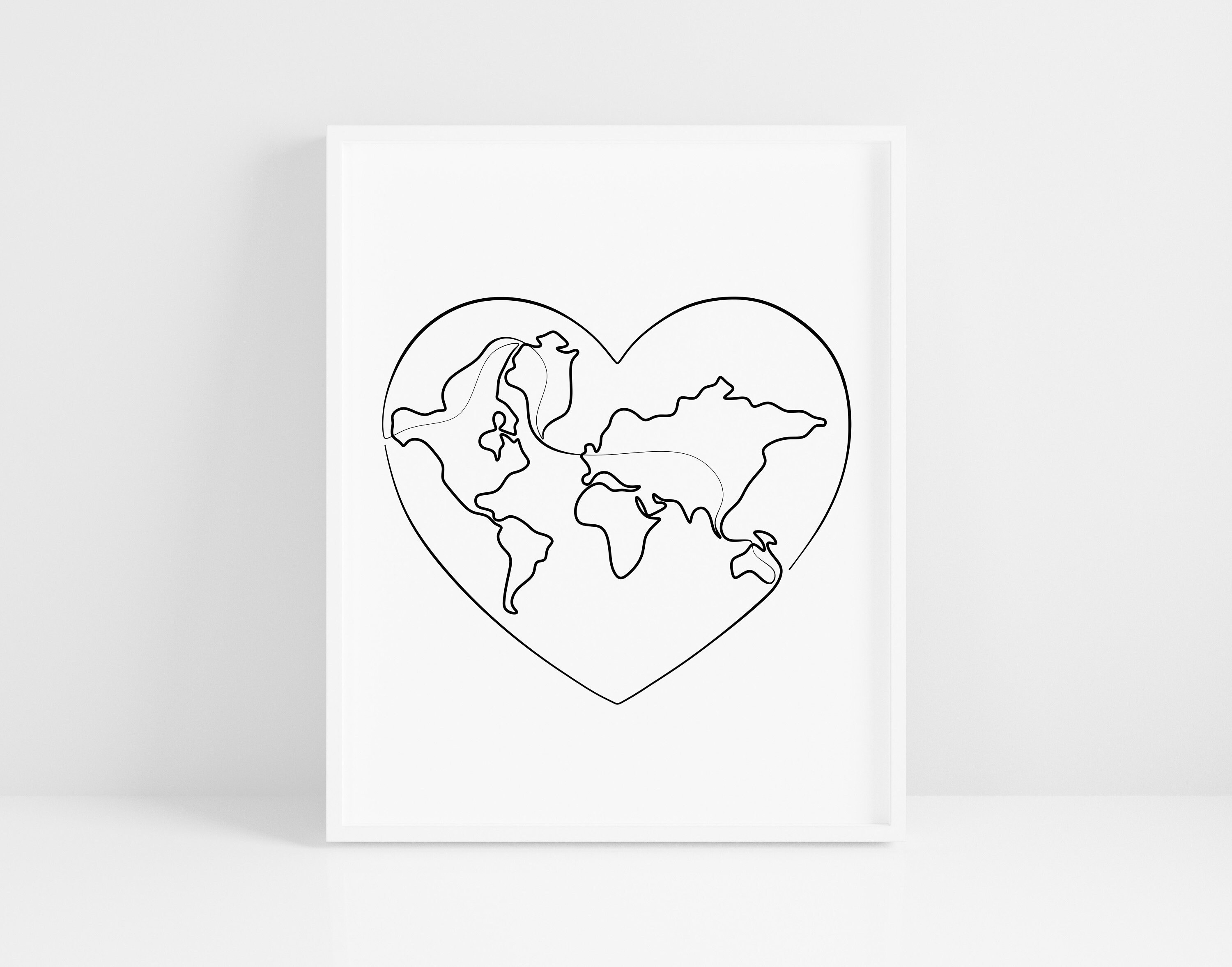 World Map Line Art Travel Line Drawing Wanderlust Print | Etsy