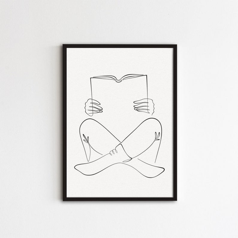 Reading Line Art Girl Reading Book Print Woman and Book Line - Etsy