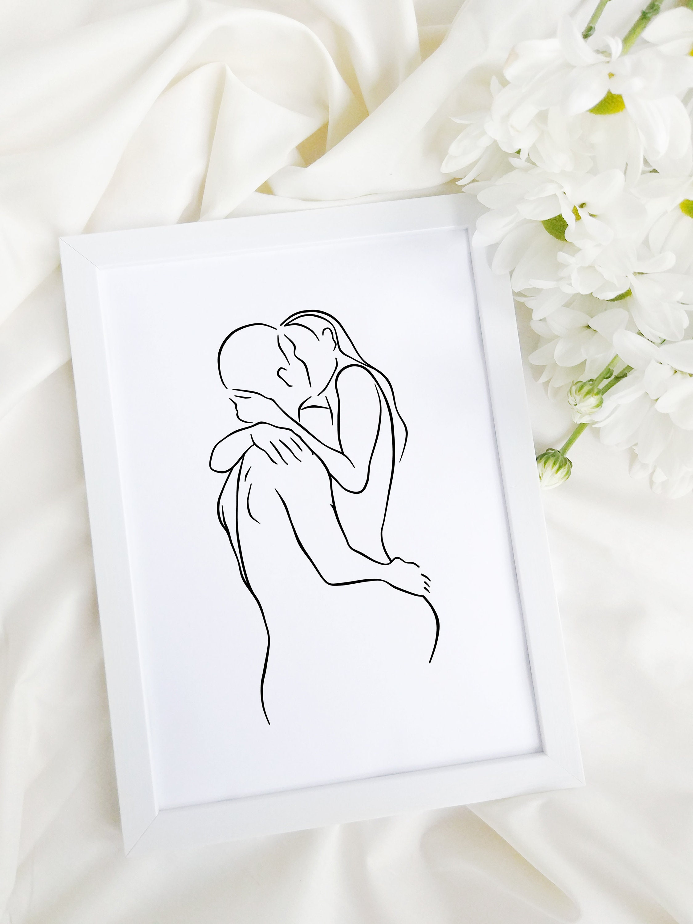 Abstract Kiss Line Art Couple Hug Wall Print Kissing Line - Etsy
