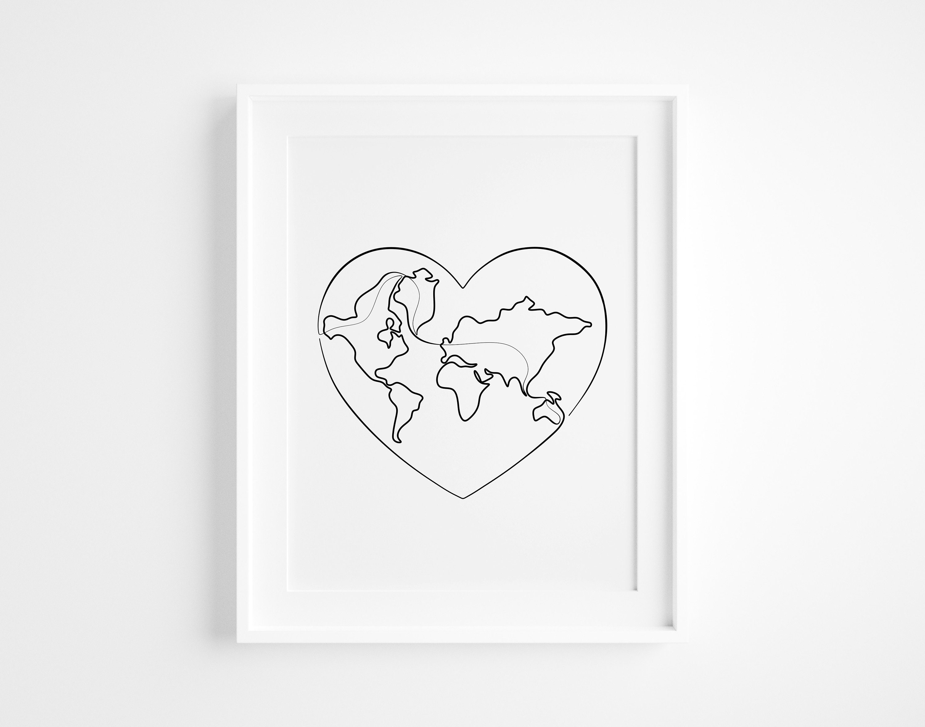 World Map Line Art Travel Line Drawing Wanderlust Print | Etsy