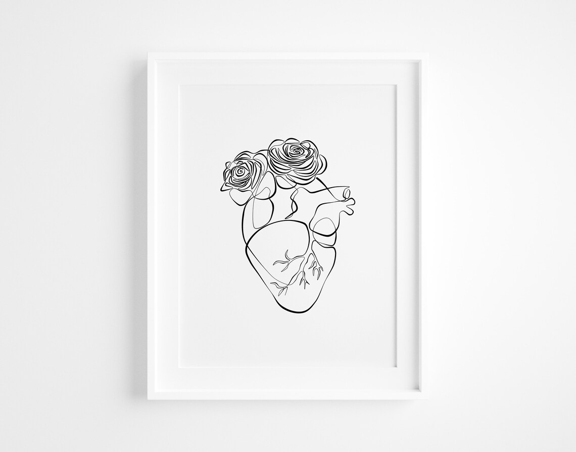 Flower Heart Line Art Anatomical Heart Print Human Heart - Etsy
