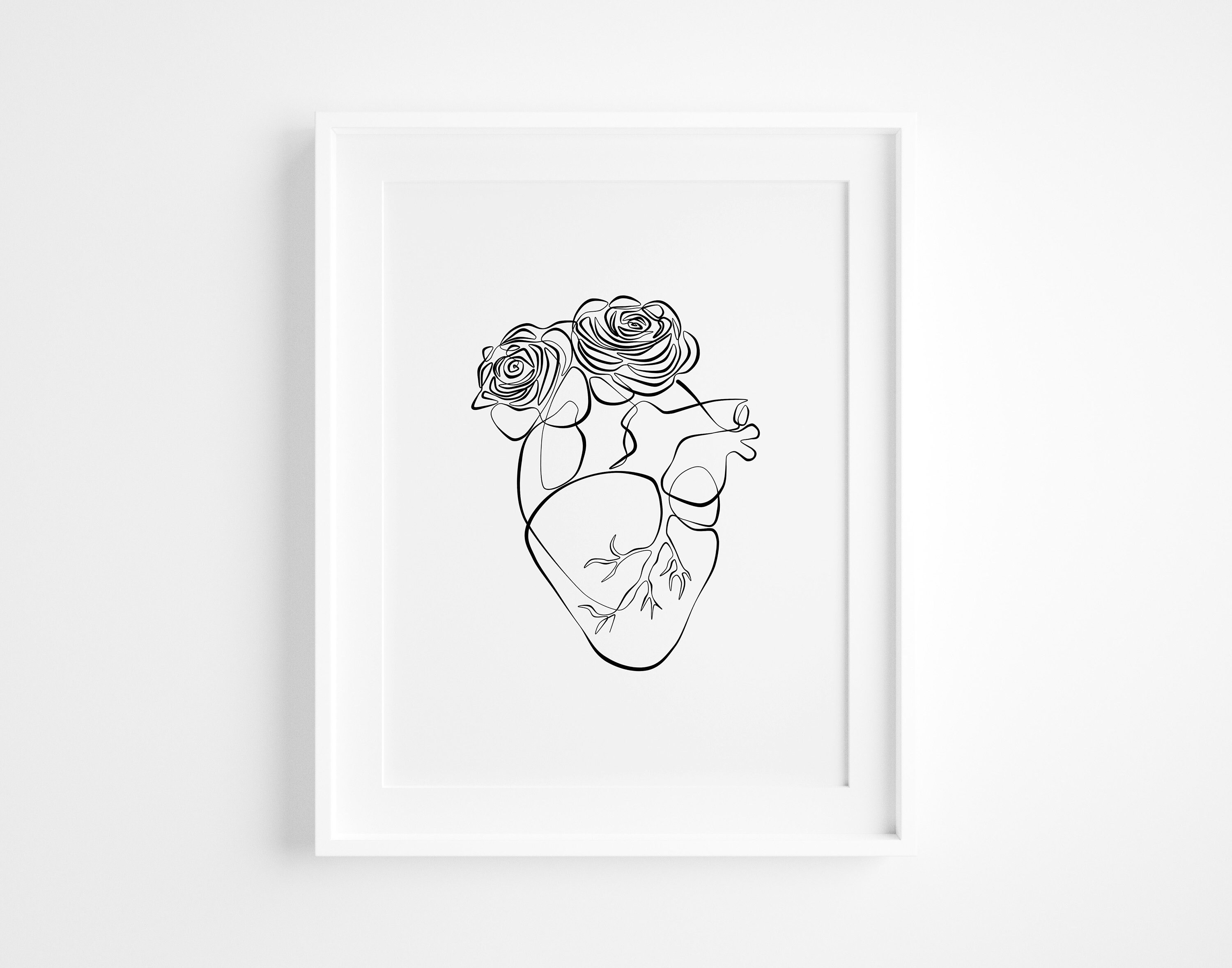 Flower Heart Line Art Anatomical Heart Print Human Heart | Etsy